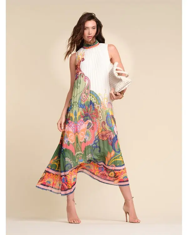 Elie Tahari The Reilley Pleated Paisley Print Midi Dress